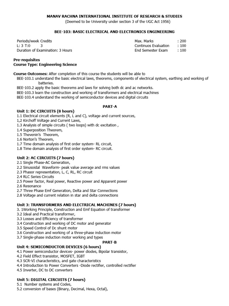 BEE-103-Basic Electrical and Electronics Engineering Syllabus | PDF | Electrical Network | Ac Power