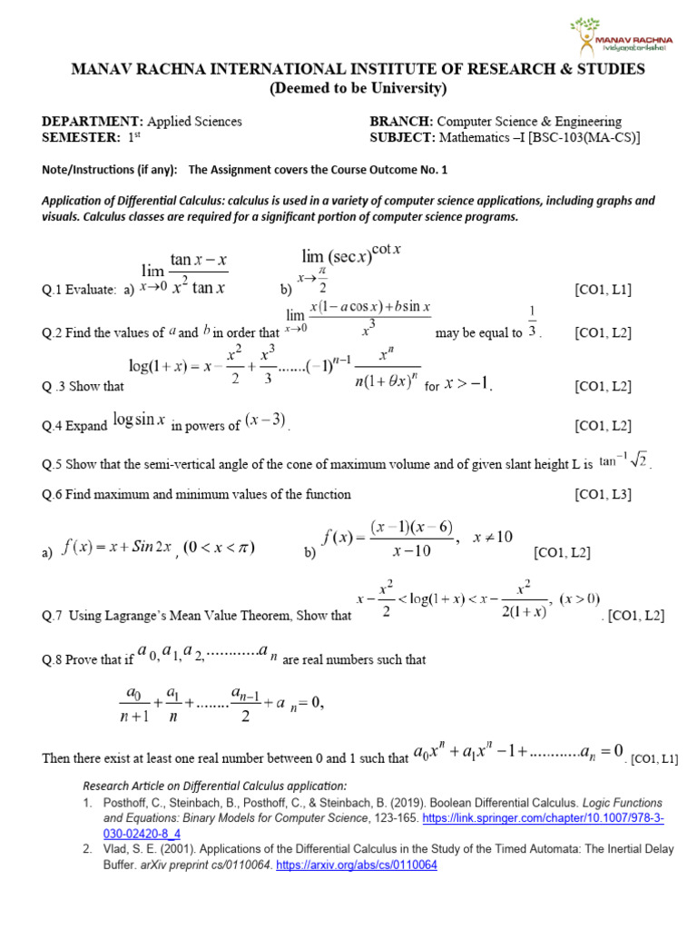 Assignment 1-Differential Calculas | PDF