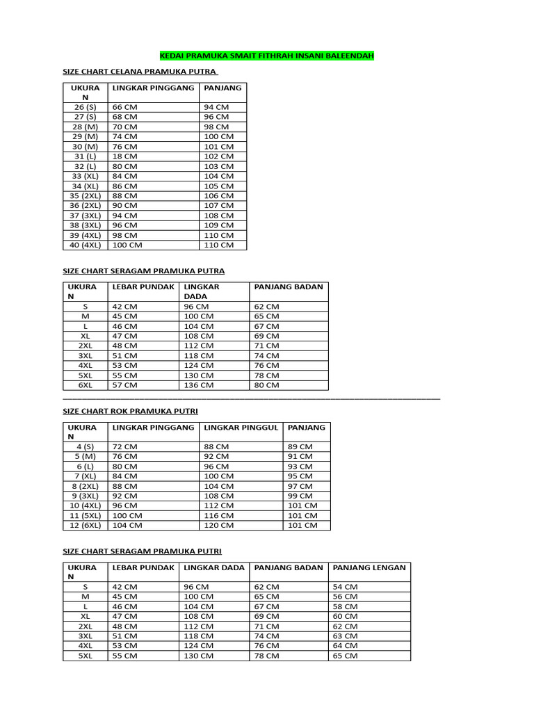 Size Chart 1 Seragam Pramuka Kedai Fibe | PDF