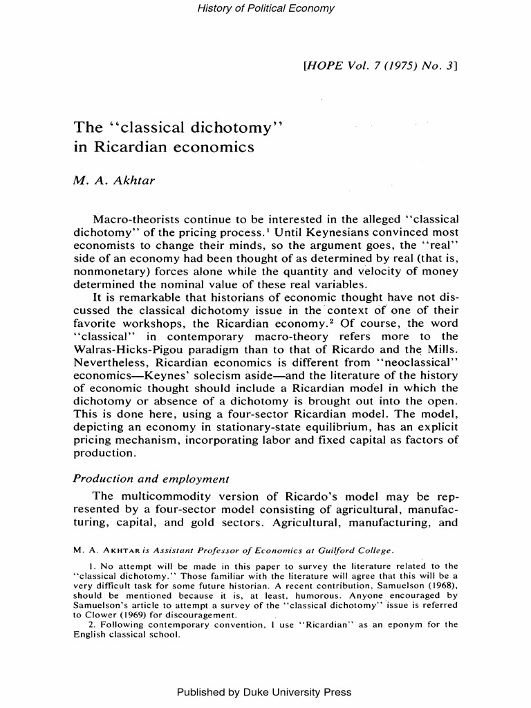 Akhtar (1975) The "Classical Dichotomy" in Ricardian Economics | PDF ...