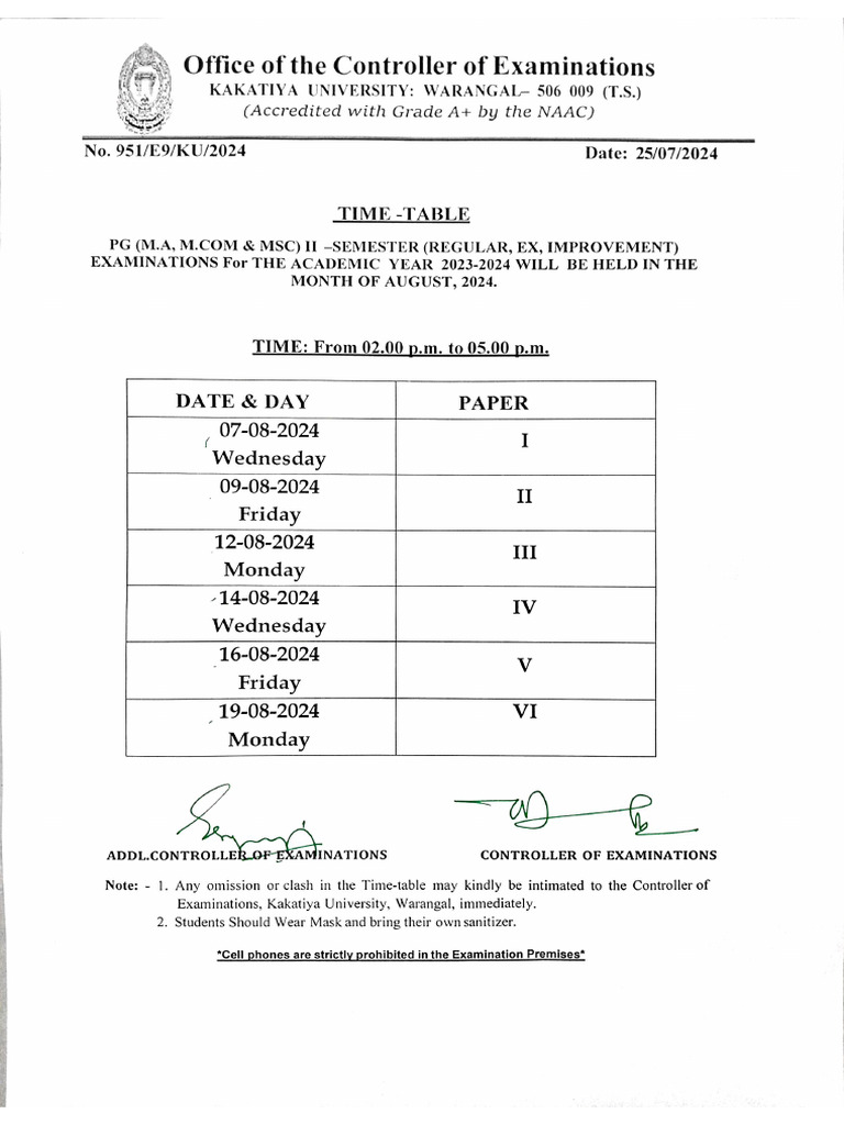 PG (NP) M.a, M.com & M.SC II-sem Time-Table | PDF