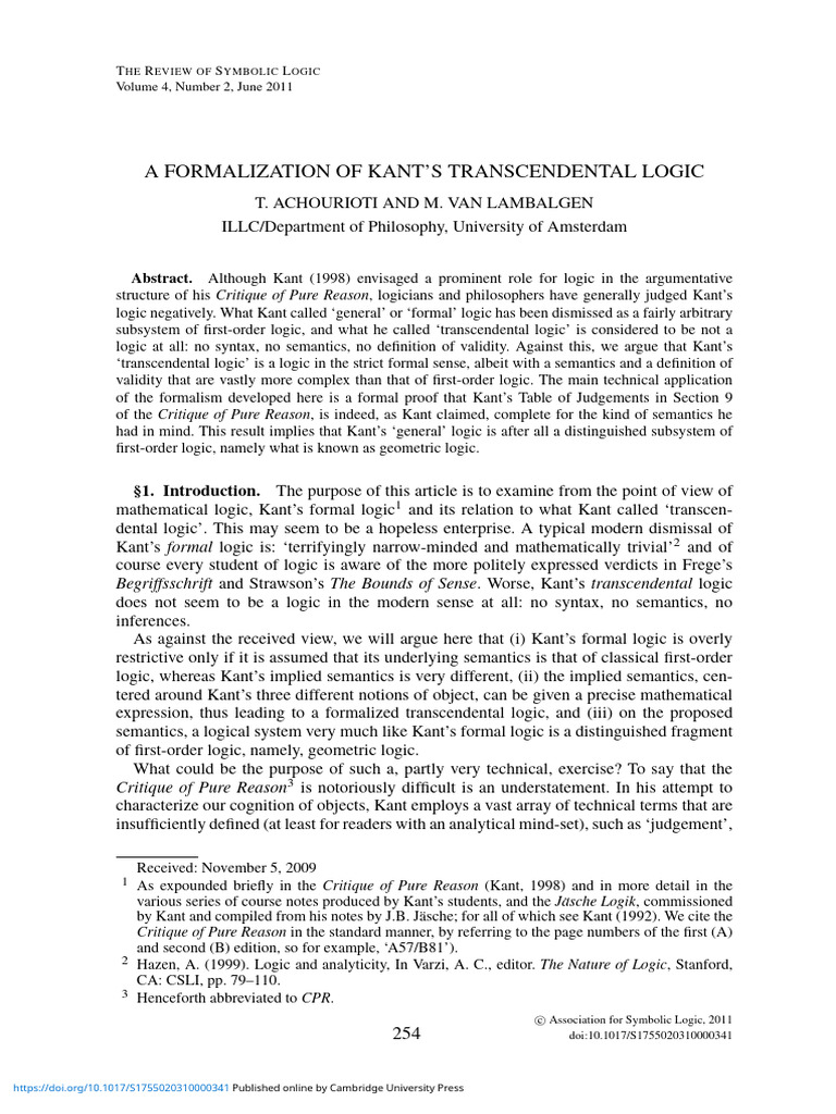 Formalization of Kant's Transcendental Logic | PDF | Immanuel Kant | Critique Of Pure Reason