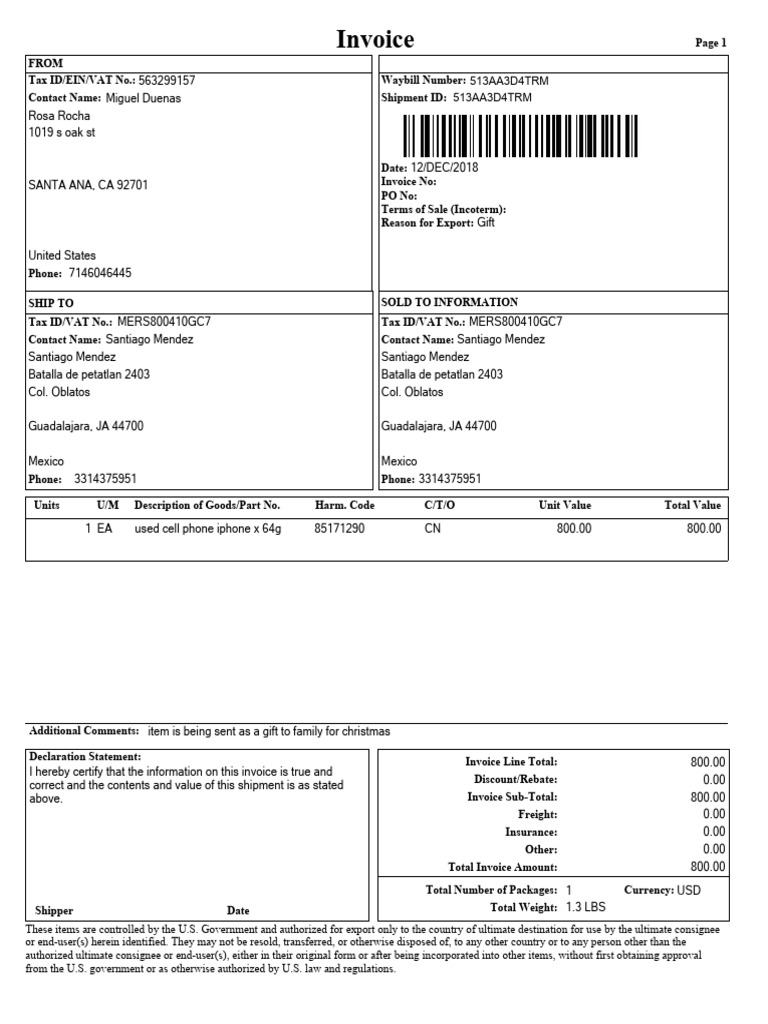 Comercial Invoice | PDF | Value Added Tax | Invoice
