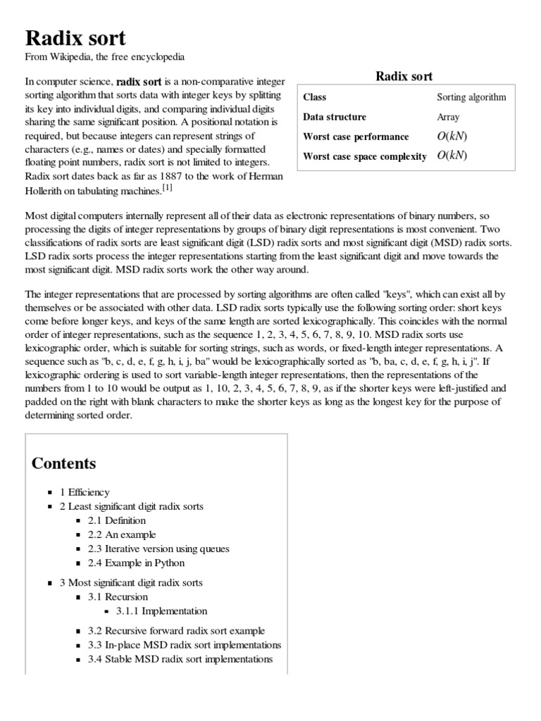 Radix Sort Wikipedia The Free Encyclopedia Pdf Algorithms 2737
