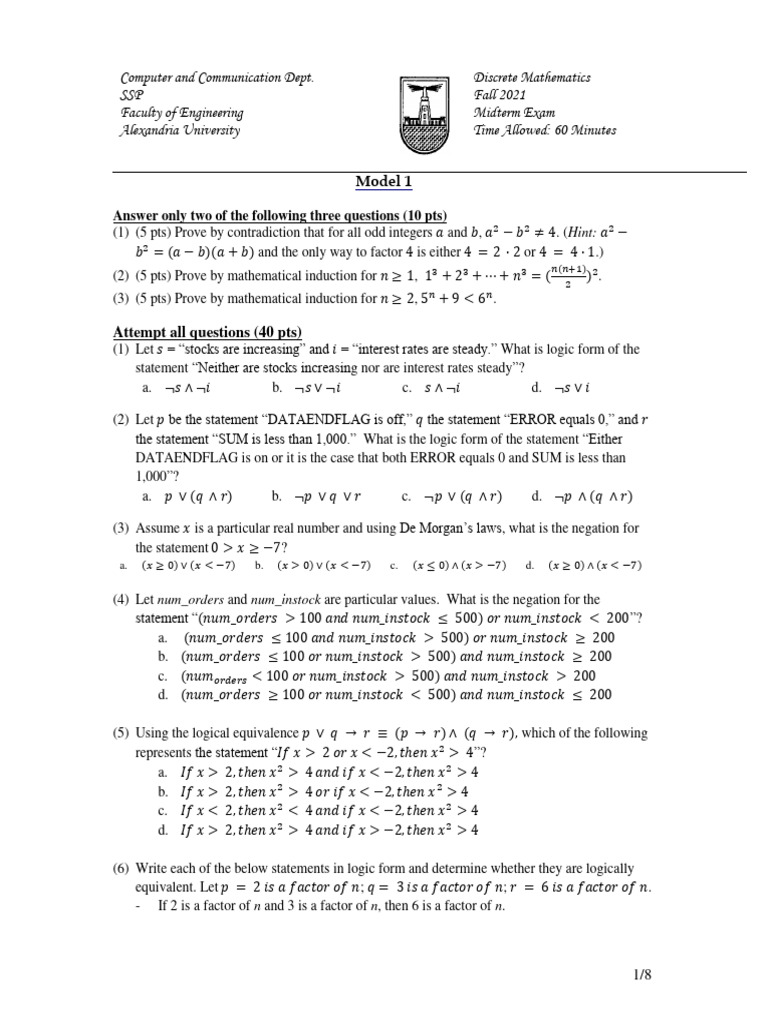 Discrete Mathematics Midterm Exam Questions | PDF | Argument | Rational Number