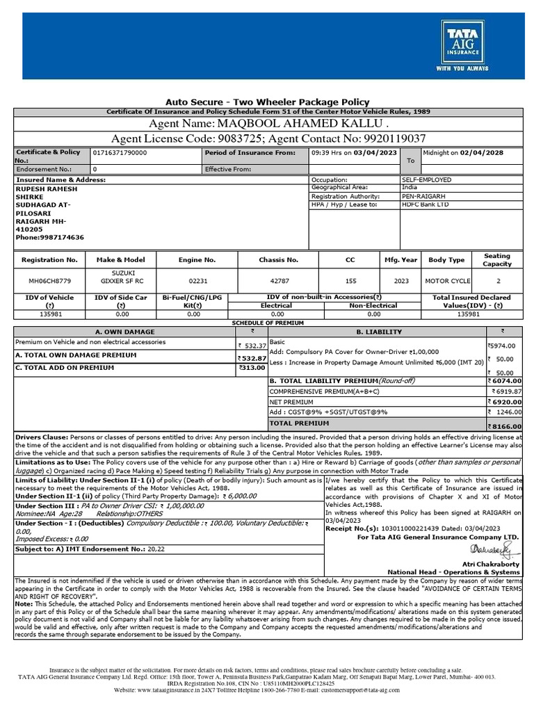 Gixxer Tata policy | PDF | Insurance | Deductible