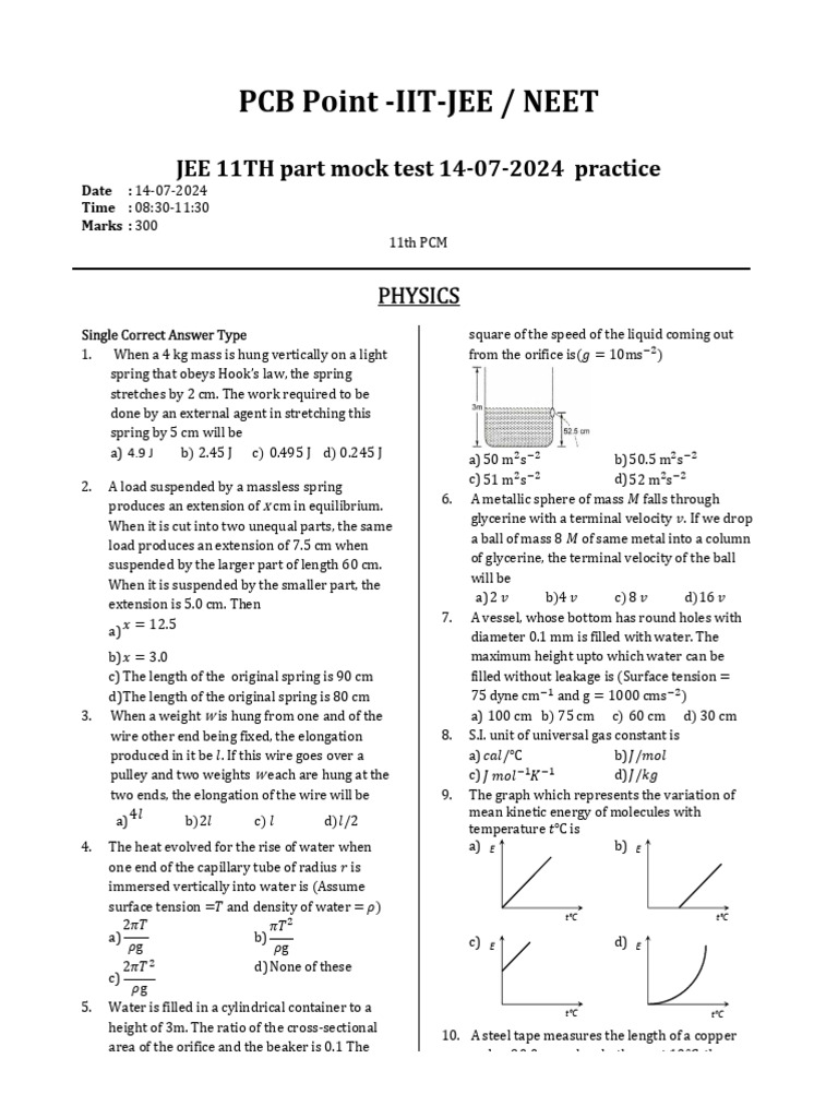 JEE 11th Part Mock Test Q.P 14-07 | PDF | Redox | Gases