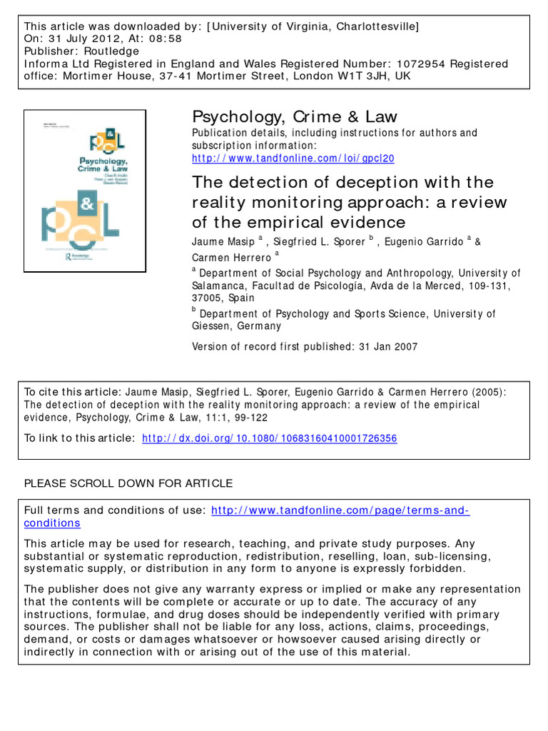 Deception Detection via Reality Monitoring | PDF | Memory | Thought