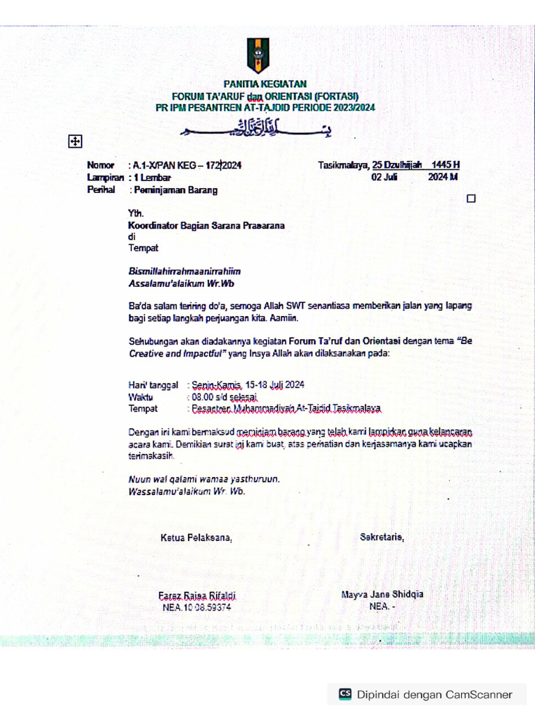 Contoh Surat IPM Peminjaman Barang (Bag - Sarana Prasarana) | PDF