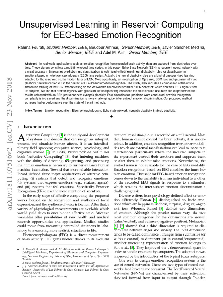 Unsupervised Learning in Reservoir Computing For EEG-based Emotion Recognition | PDF | Emotions ...