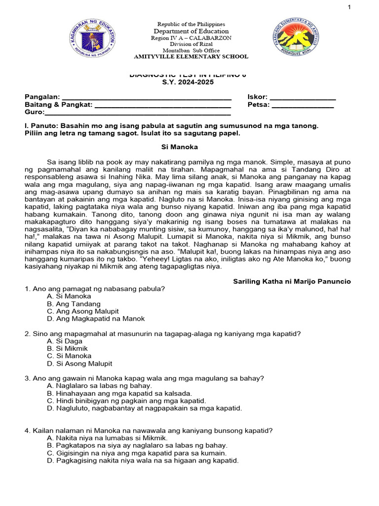 Diagnostic Test - Filipino-6 | PDF