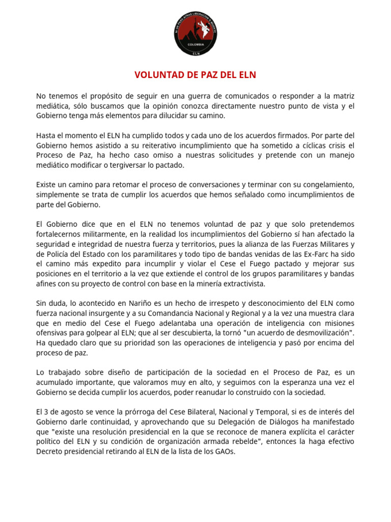 Comunicado ELN - Cese Al Fuego | PDF | Conflictos