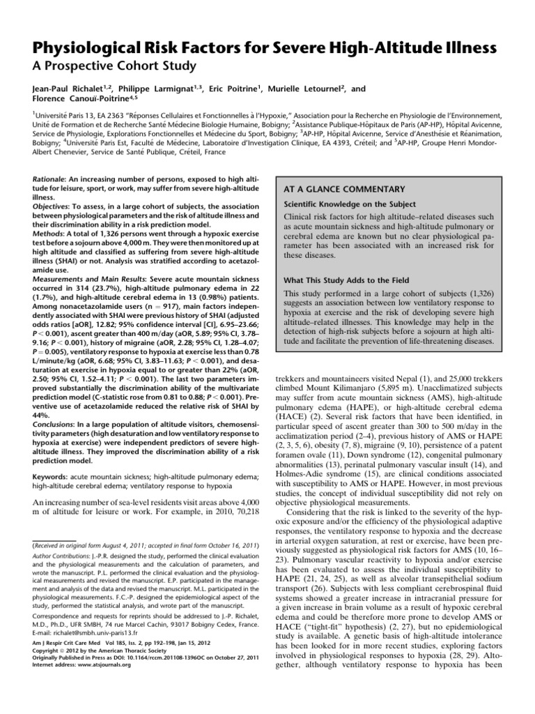 2012 Richalet Physiological Risk Factors For Severe High Altitude ...