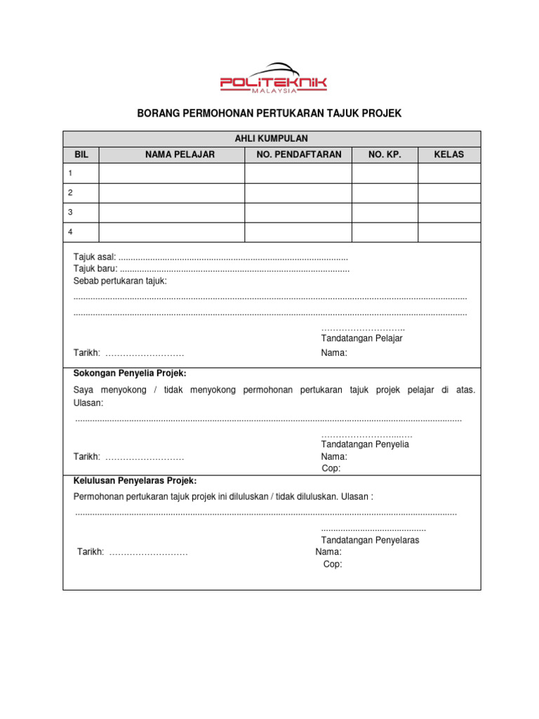 Borang Permohonan Pertukaran Tajuk Projek | PDF