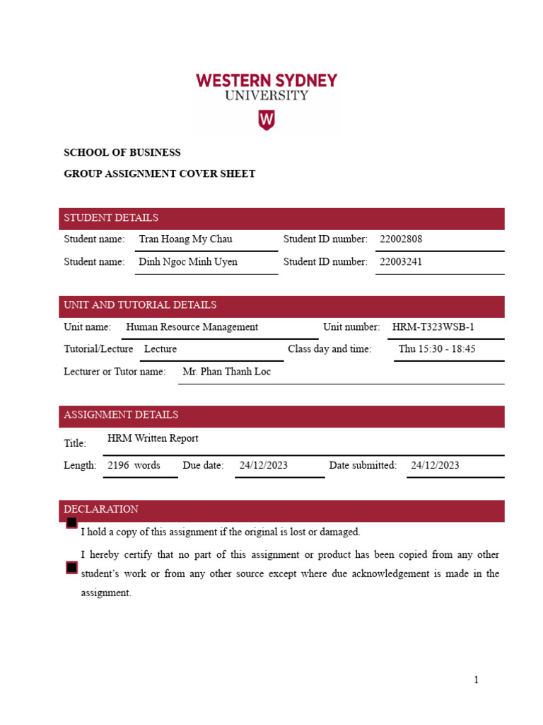 HRM 1 - Tran Hoang My Chau 22002808 - Dinh Ngoc Minh Uyen 22003241 - Final Report 5 1 | PDF ...