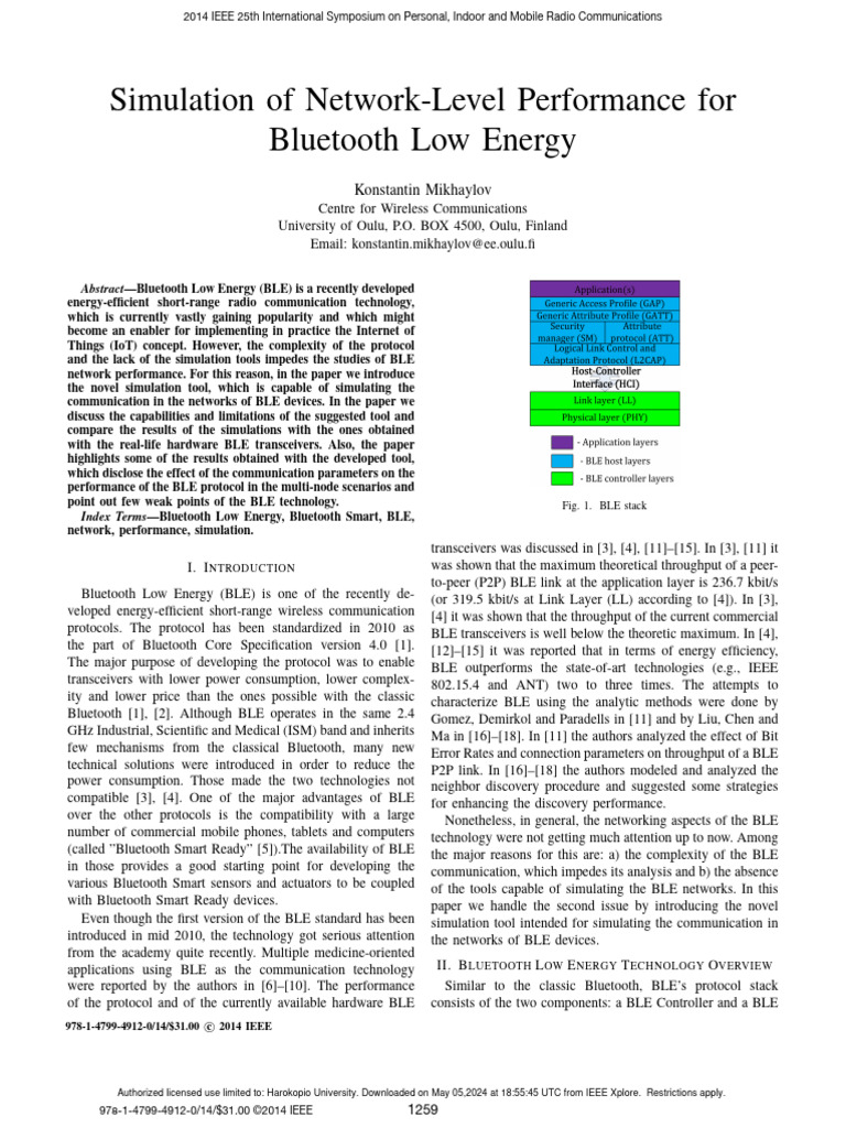 Simulation of Network-Level Performance For Bluetooth Low Energy | PDF | Bluetooth | Computer ...