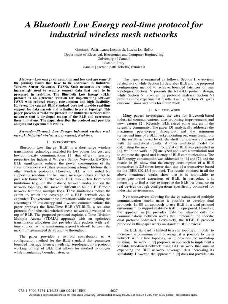 A Bluetooth Low Energy Real-Time Protocol For Industrial Wireless Mesh Networks | PDF | Computer ...