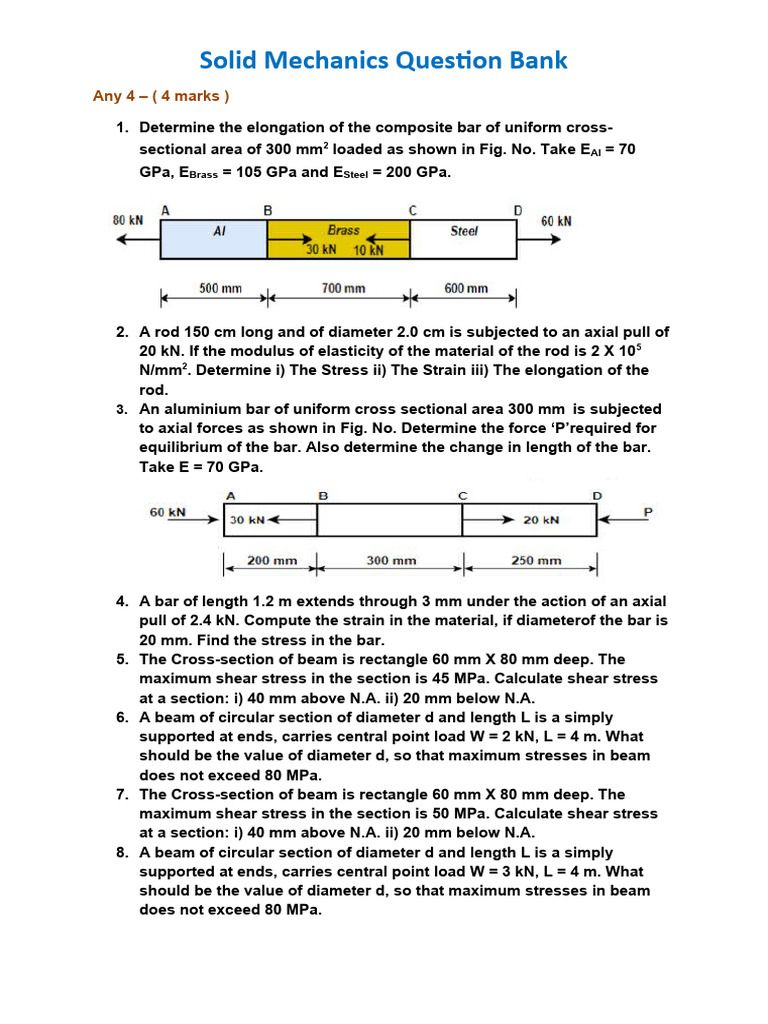 Solid Mechanics Exam Question Bank | PDF | Stress (Mechanics) | Beam ...