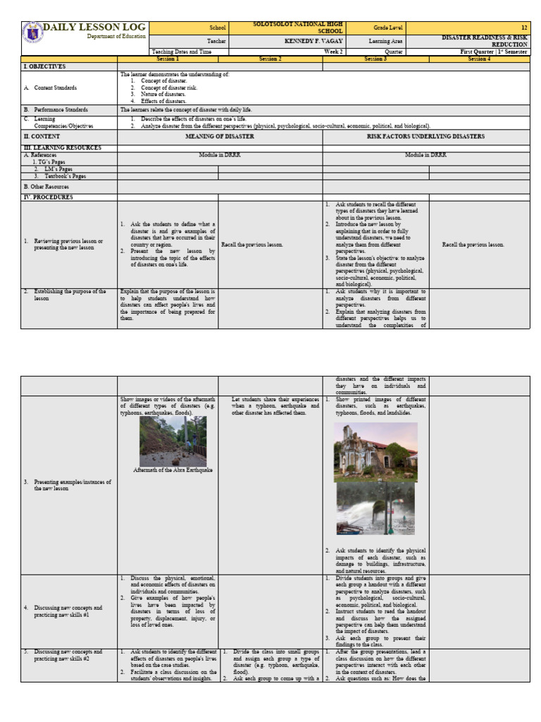 DLL DRRR Quarter 1 Week 2 | PDF | Learning | Earthquakes