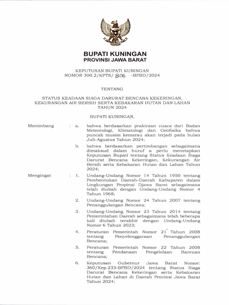 Kepbup Nomor 300.2-KPTS-806-BPBD-2024-SIAGA RATRING KARHUTLA 2024-1 | PDF