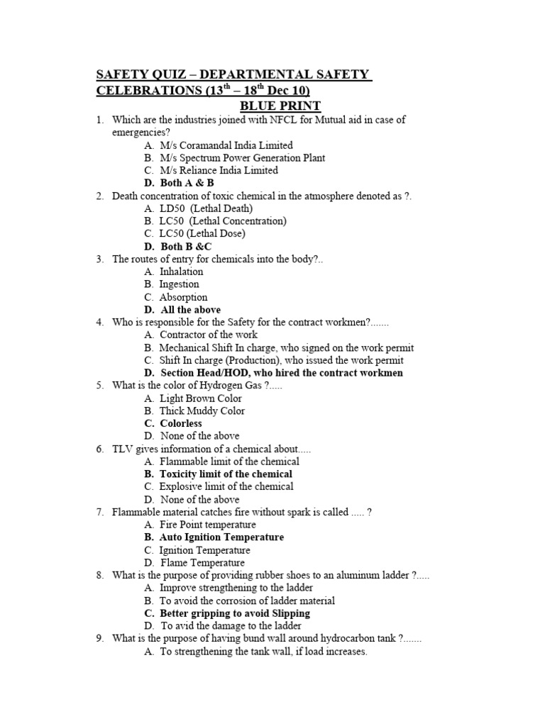 Safety Quiz | PDF | Ammonia | Fires