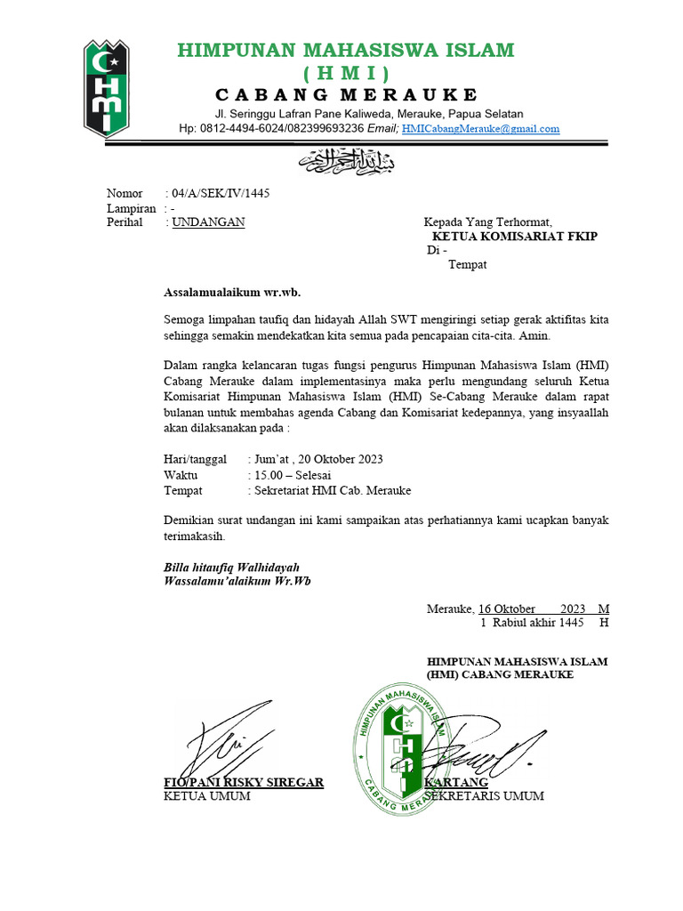 Undangan Rapat Bulanan HMI Merauke | PDF