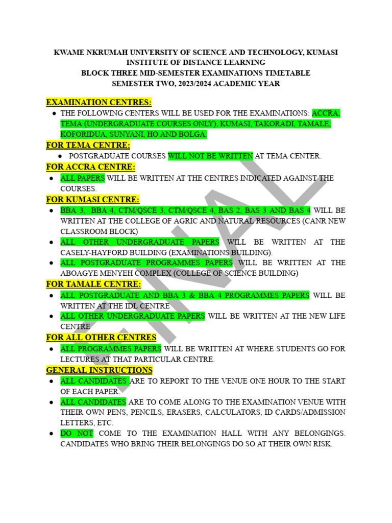 Final Midsem Timetable 2023 - 2024 Sem 2 Block 3 | PDF | Engineering | Business