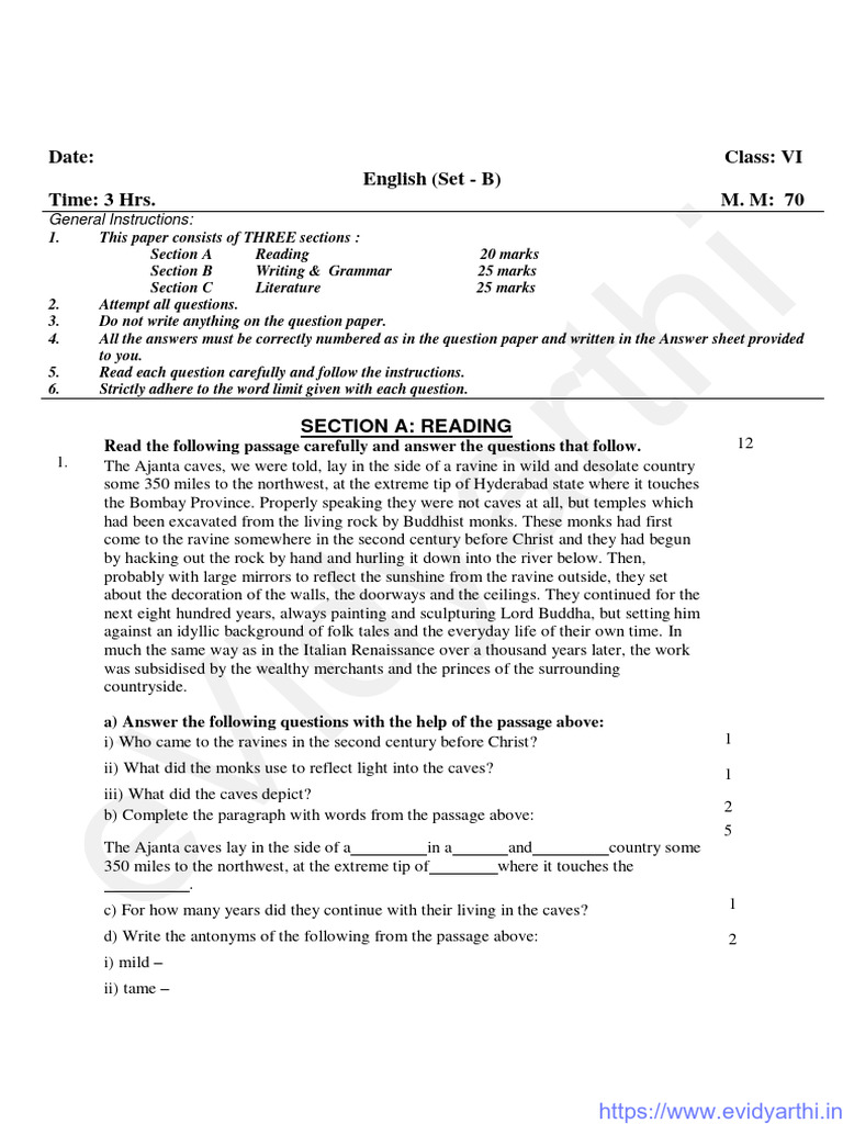 Class 6 English Sample Paper Set B | PDF