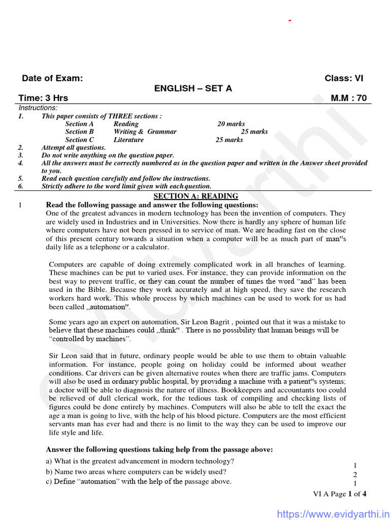 Class 6 English Sample Paper Set A | PDF | Huckleberry Finn