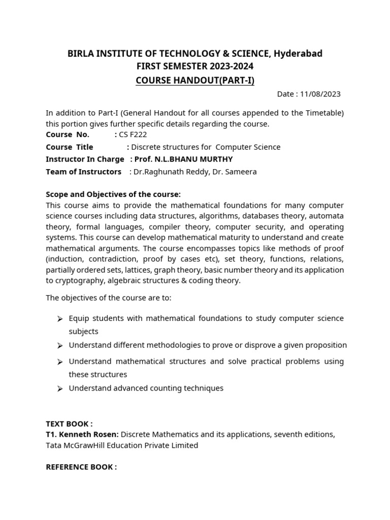 CS F222 Discr Struc For Comp Sci - Handout | PDF | Discrete Mathematics ...