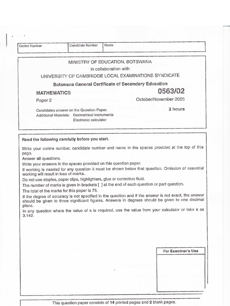 Botswana GCE Mathematics Paper 2, 2005 | PDF | Area | Trigonometry