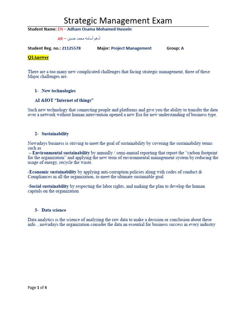 Adham Osama 21125578 Group A Strategic Management Exam | PDF ...