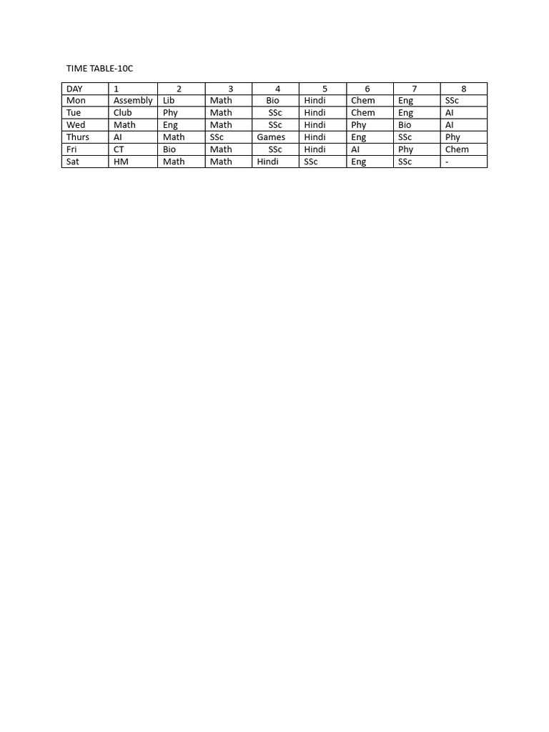10C Weekly Class Schedule | PDF
