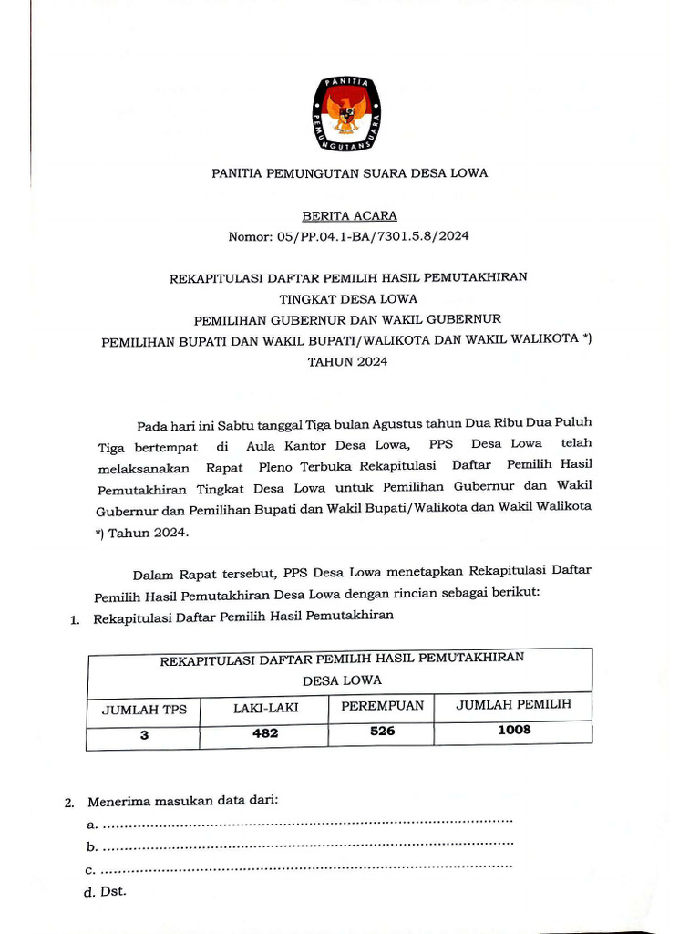 BA Pleno Terbuka Rekapitulasi DPHP Desa Lowa | PDF