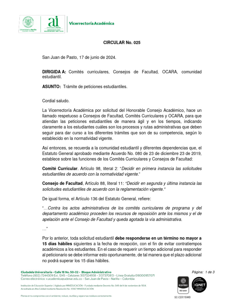 Circular 025 Trámite Peticiones Estudiantiles | PDF