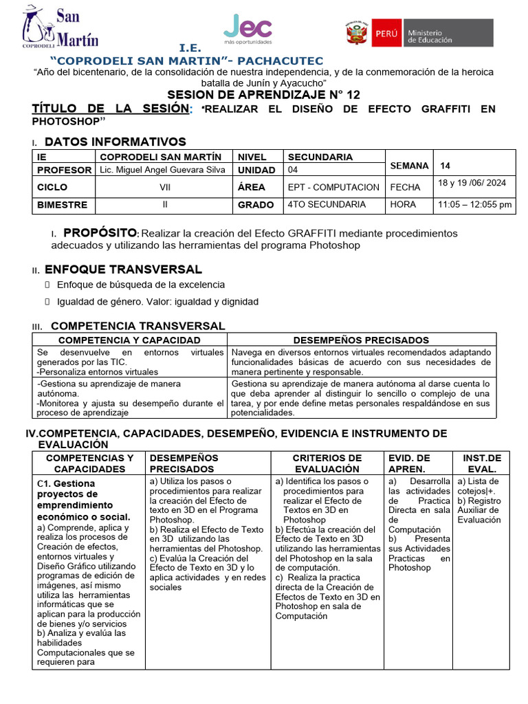 SESION DE APRENDIZAJE DE COMPUTACION 4to IEP COPRODELI 2024 Clase 11 | PDF | Adobe Photoshop ...