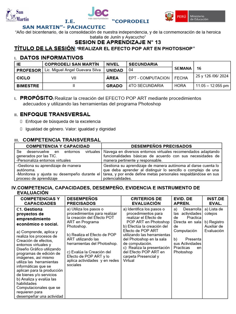 SESION DE APRENDIZAJE DE COMPUTACION 4to IEP COPRODELI 2024 Clase 13 | PDF | Adobe Photoshop ...