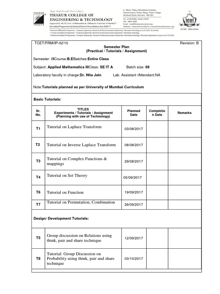 Se Sem III It A Tutorial Plan | PDF | Mathematics
