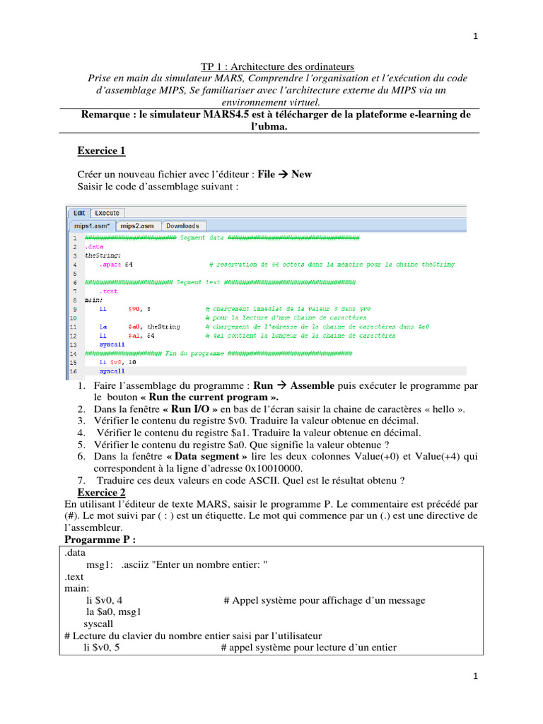 Introduction à l'architecture MIPS et exercices | PDF | Programme ...