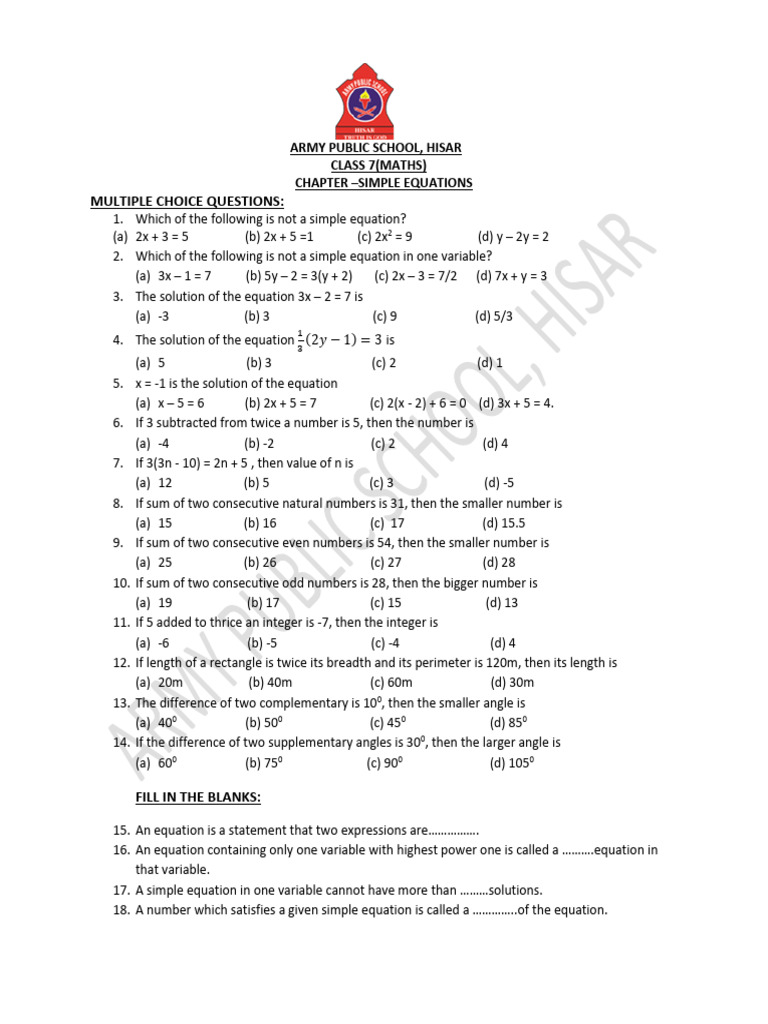 Multiple Choice Questions:: Army Public School, Hisar Class 7 (Maths ...