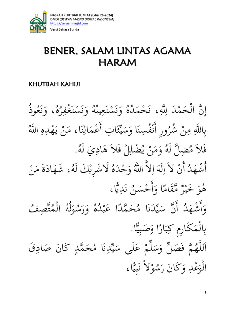 SUNDA Khuthbah Jumat 26 2024 DMDI Benar Salam Lintas Agama Haram | PDF