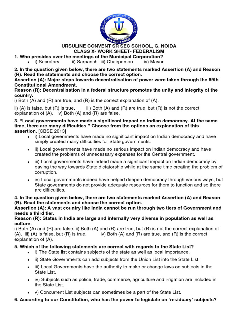 Federalism Worksheet for Class X Students | PDF | Constitution | Federalism