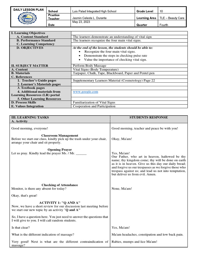 Is 2 Lesson 1 Vital Sign | PDF | Pulse | Heart