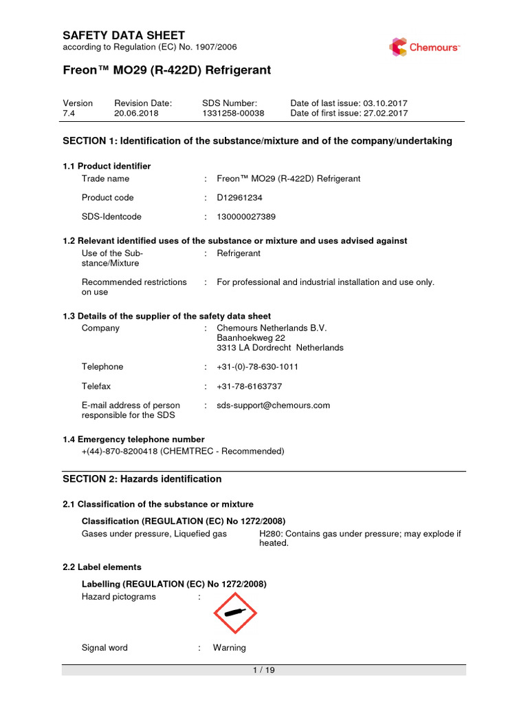 Chemours Freon (TM) MO29 (R422D) Refrigerant MSDS v7.4 | PDF ...