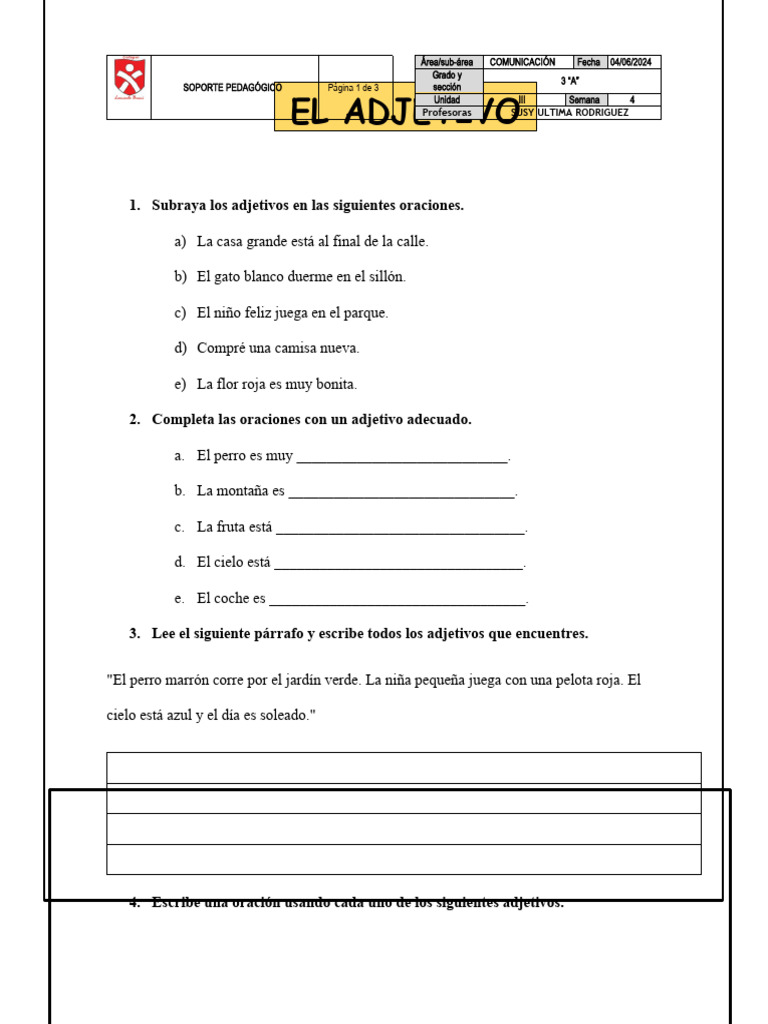 Sesión 04 El Adjetivo | PDF | Adjetivo