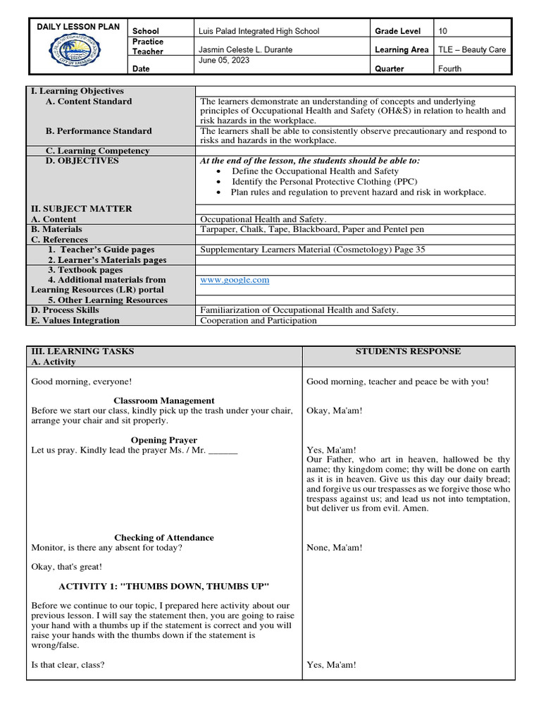 IS 2 Lesson 4 Occupational Health and Safety | PDF | Occupational ...