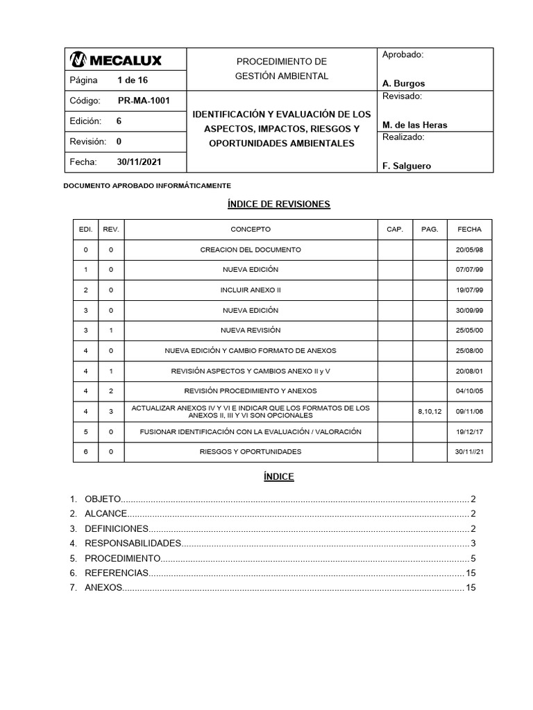 2021.PR-MA-1001 - Identificación-Evaluación Aspectos Ed6 Rev0 | PDF ...