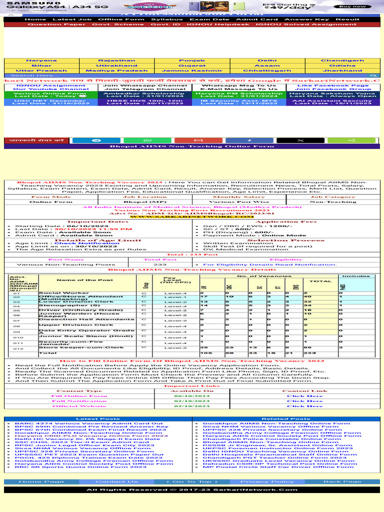 Bhopal AIIMS Non-Teaching Online Form 2023 Sarkari Network | PDF