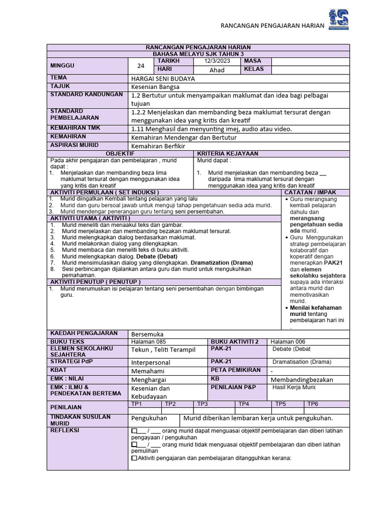 RPH Minggu 24 BM SJK THN 3 2023 by Cikgu Gorgeous | PDF