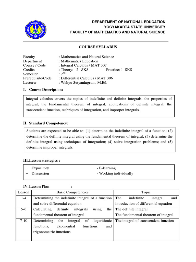 COURSE SYLLABUS Integral Calculus | PDF | Integral | Function (Mathematics)